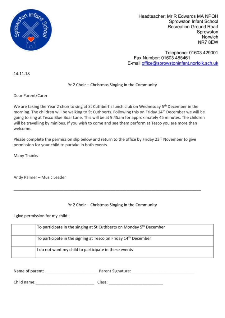 Choir Letter | Sprowston Infant School